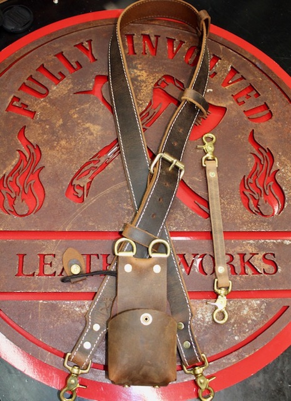 Rustic Brown Leather Firefighter Radio Strap with Holster