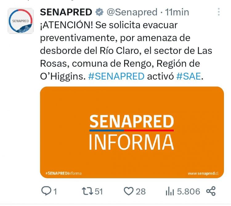 Alerta de evacuación en Rengo