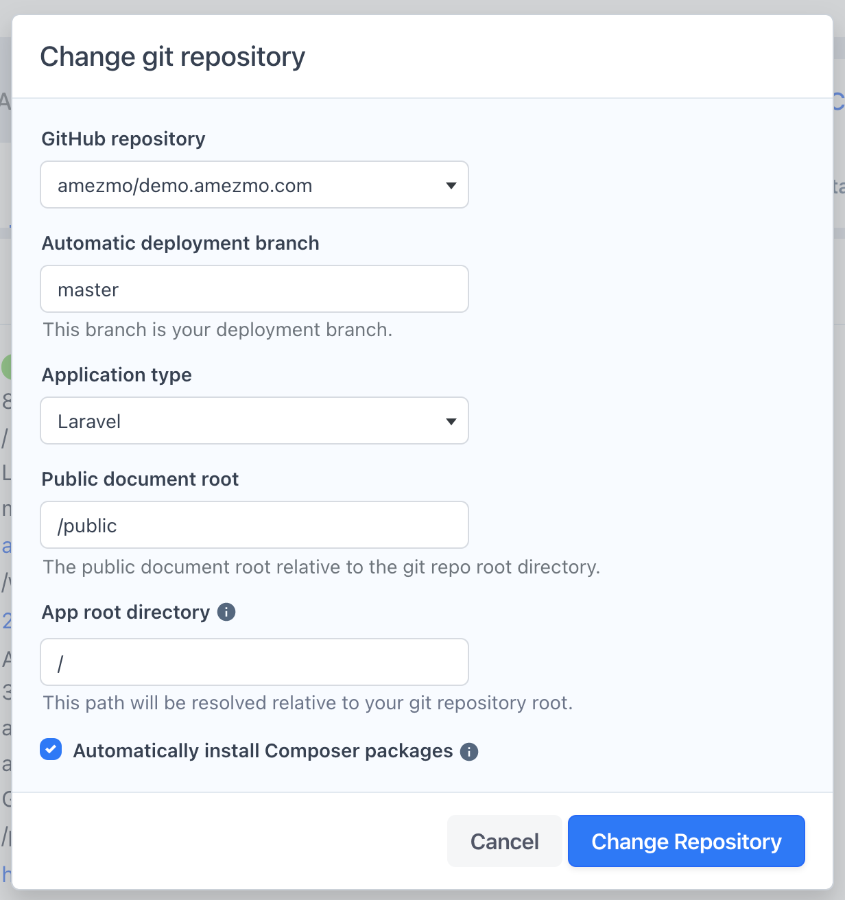 Change automatic deployment branch | Amezmo Documentation
